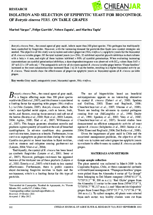 (PDF) Isolation and Selection of Epiphytic Yeast for Biocontrol of Botrytis cinerea Pers. on ...