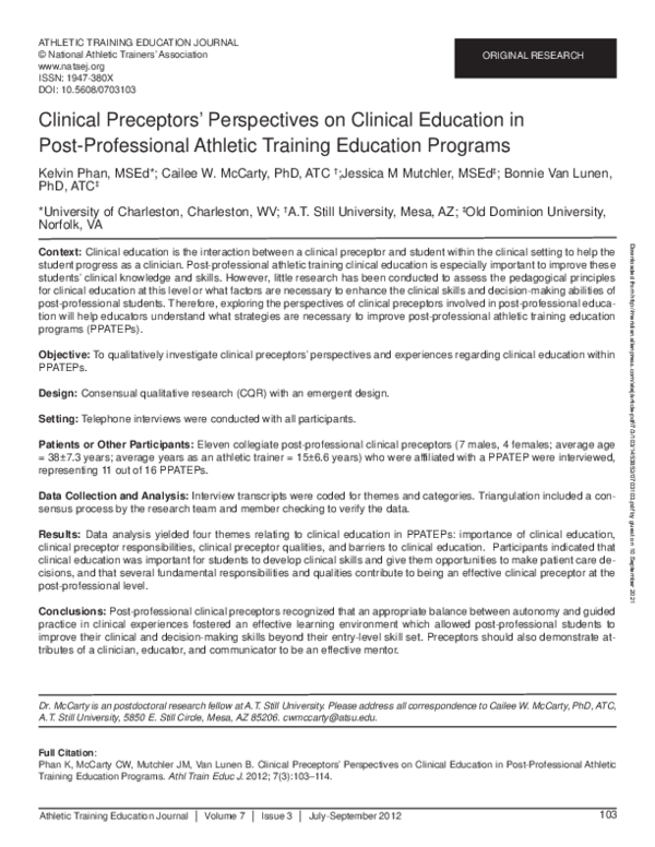 (PDF) Clinical Preceptors' Perspectives on Clinical Education in Post ... (PDF) Clinical Preceptors' Perspectives on Clinical Education in Post ...