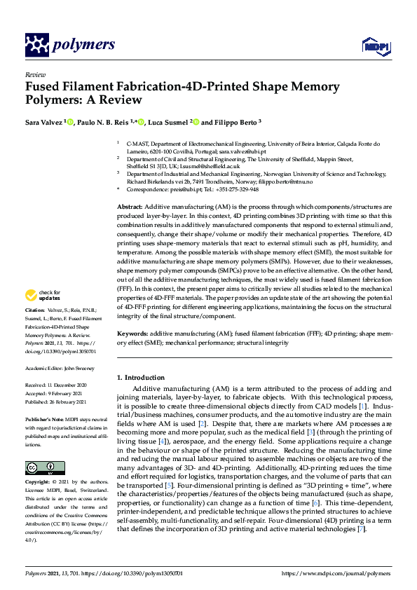 (PDF) Fused Filament Fabrication-4D-Printed Shape Memory Polymers: A Review