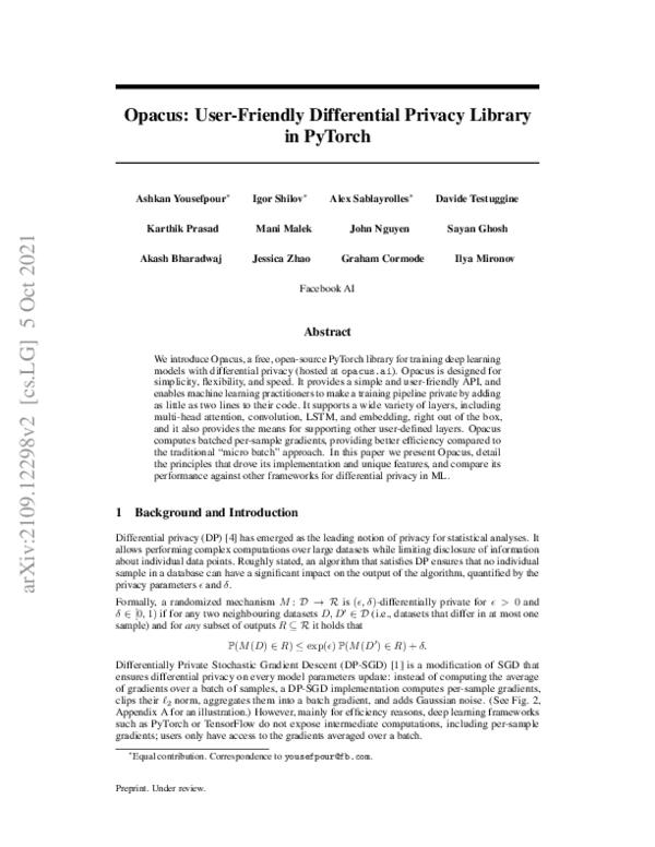 (PDF) Opacus: User-Friendly Differential Privacy Library in PyTorch