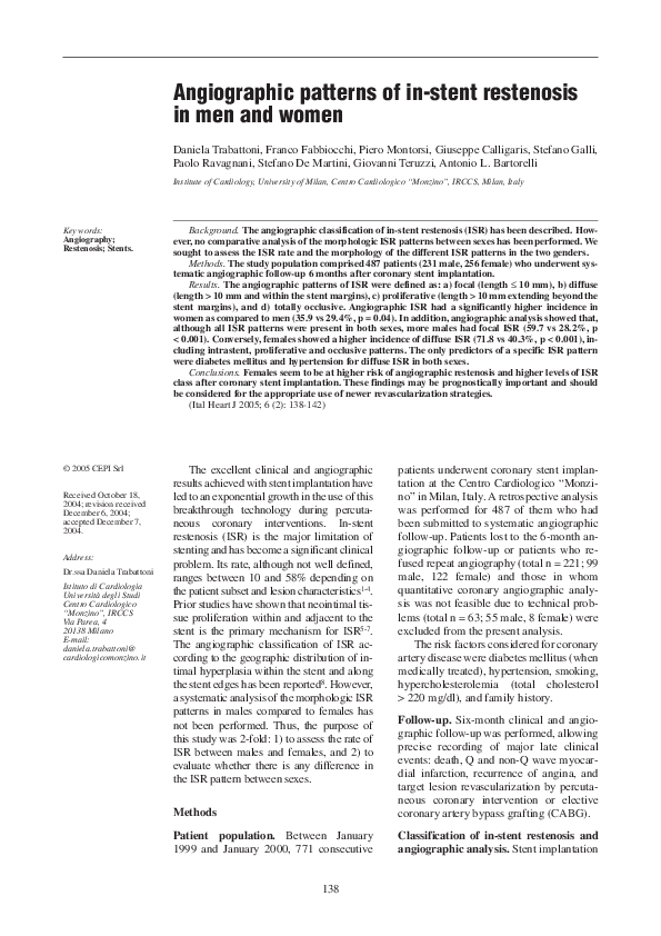 (PDF) Angiographic patterns of in-stent restenosis in men and women