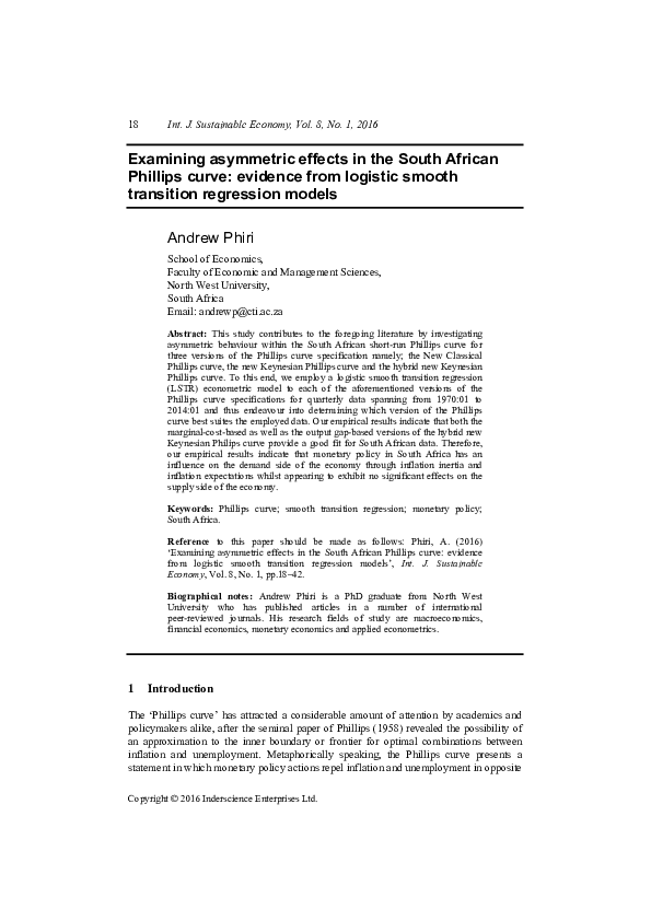 Pdf Examining Asymmetric Effects In The South African Phillips Curve Evidence From Logistic