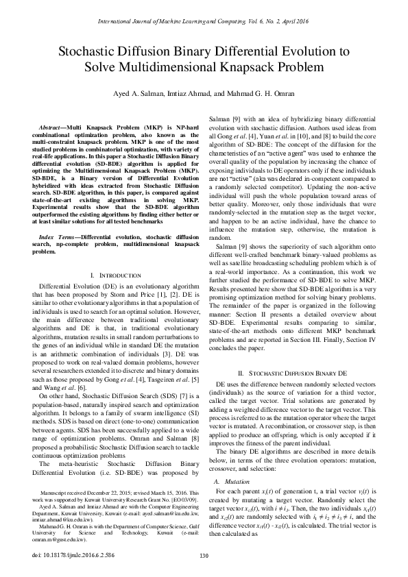 (PDF) Stochastic Diffusion Binary Differential Evolution to Solve Multidimensional Knapsack Problem