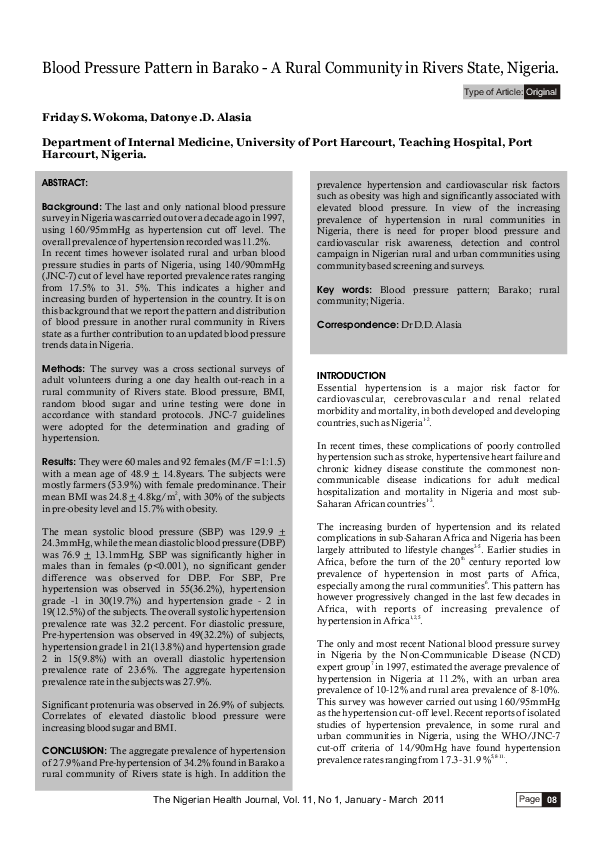 PDF Blood Pressure Pattern In Barako A Rural Community In Rivers PDF Blood Pressure Pattern In Barako A Rural Community In Rivers
