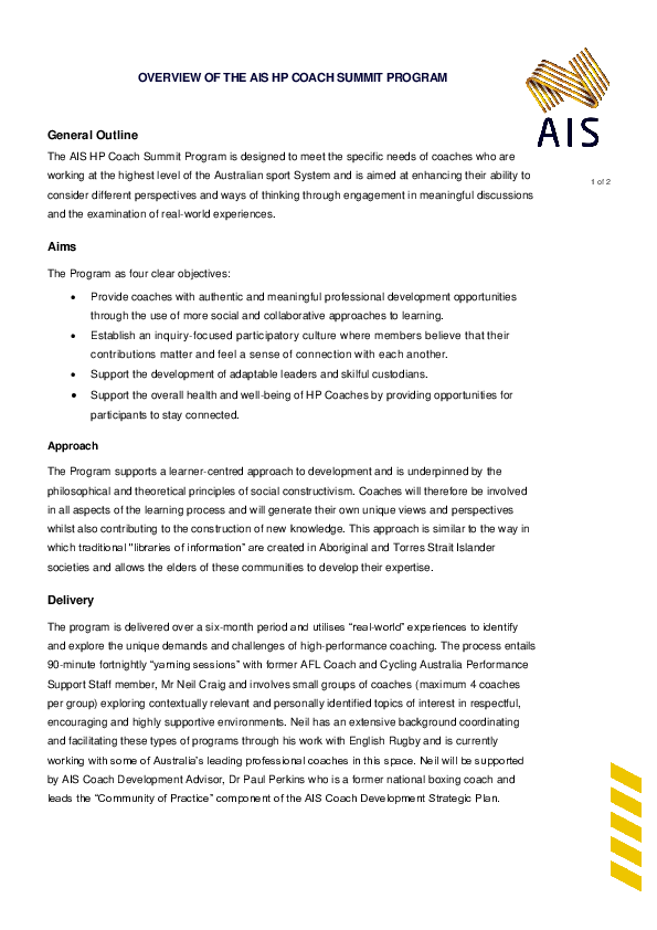 (PDF) Overview and General Outline of the AIS Coach Summit Program