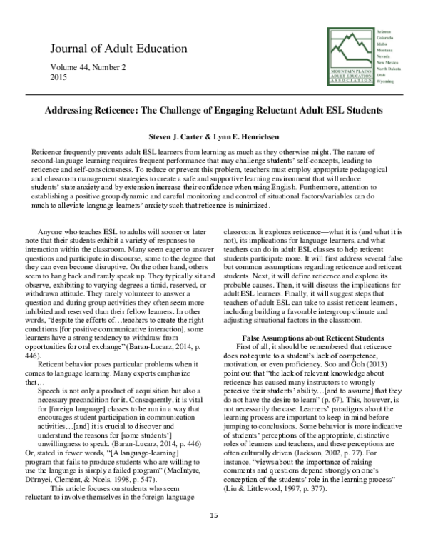 (PDF) Addressing Reticence: The Challenge of Engaging Reluctant Adult ...