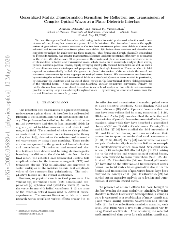 Pdf Generalized Matrix Transformation Formalism For Reflection And Transmission Of Complex