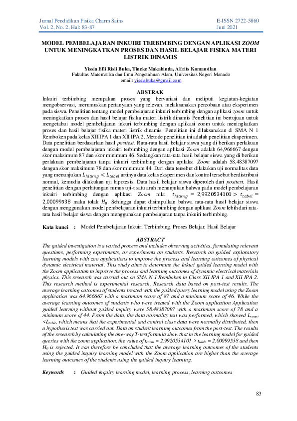 (PDF) Model Pembelajaran Inkuiri Terbimbing Dengan Aplikasi Zoom Untuk Meningkatkan Proses Dan ...