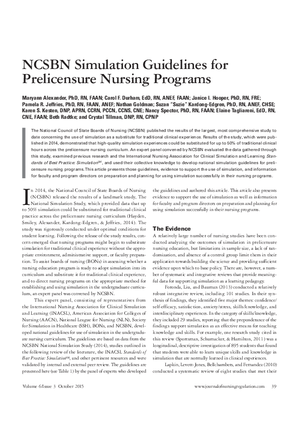 (PDF) NCSBN Simulation Guidelines for Prelicensure Nursing Programs