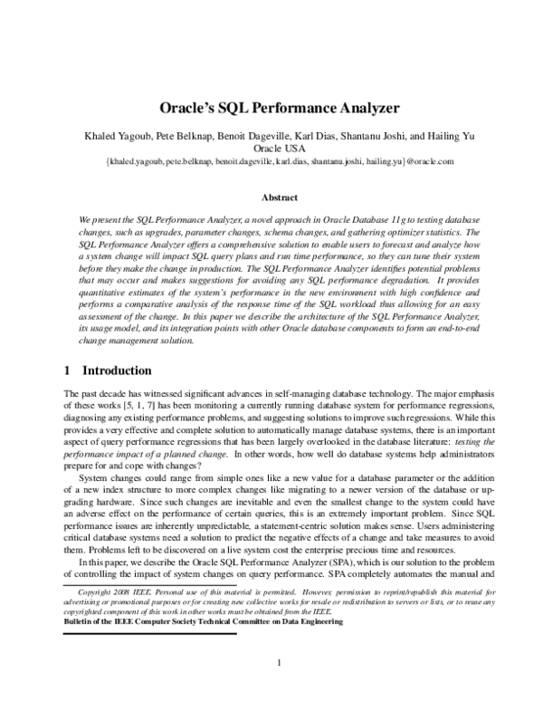 (PDF) Oracle's sql performance analyzer
