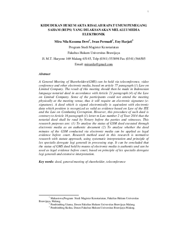 (PDF) Kedudukan Hukum Akta Risalah Rapat Umum Pemegang Saham (Rups ...