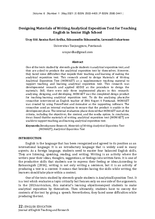 (PDF) Designing "Materials of Writing Analytical Exposition Text (MOWAET)" for Teaching English ...