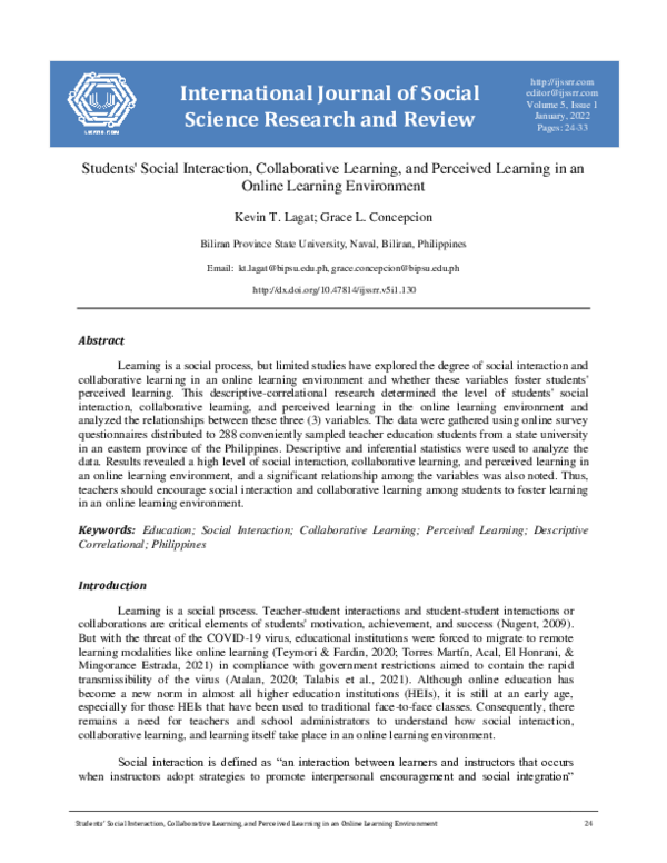 (PDF) Students' Social Interaction, Collaborative Learning, and ...