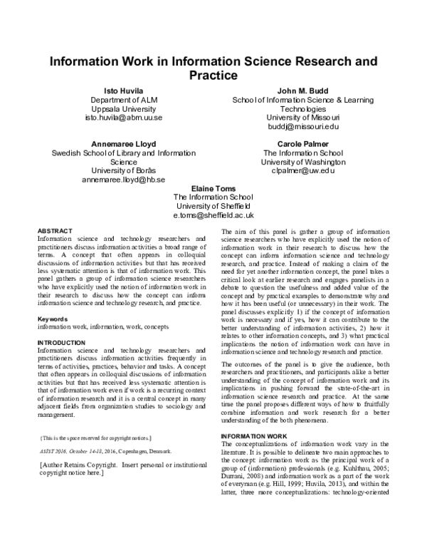 (PDF) Information work in information science research and practice
