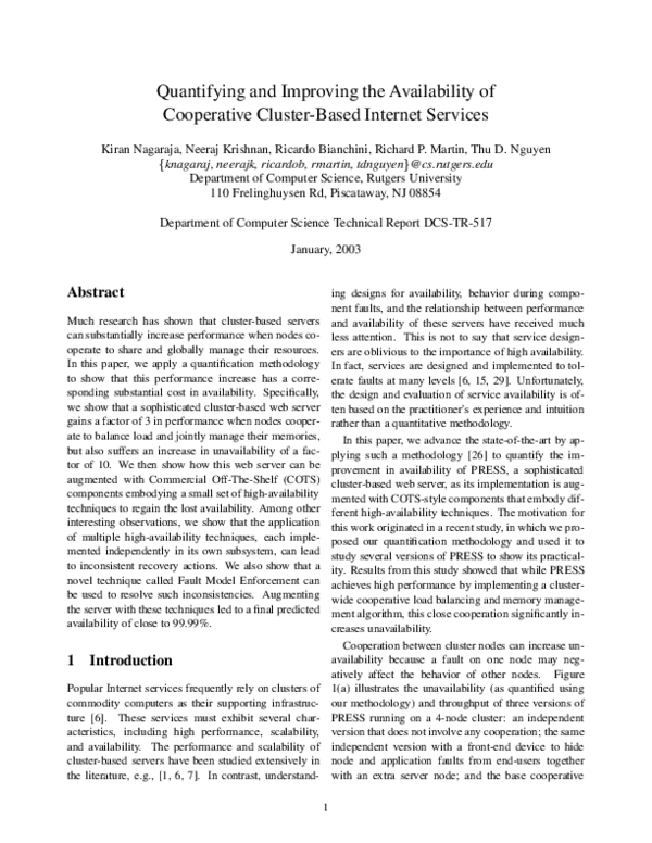 (PDF) Quantifying and Improving the Availability of Cooperative Cluster-Based Internet Services
