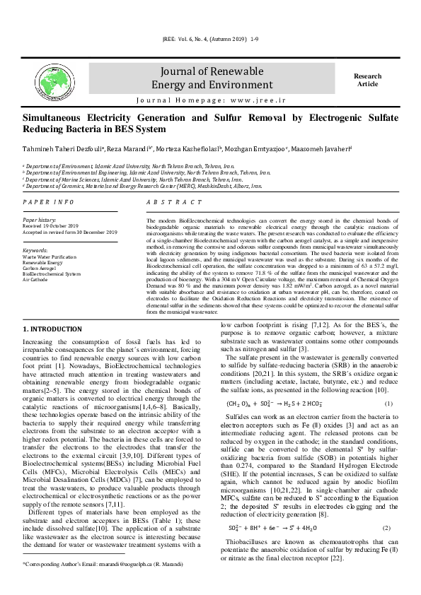 (PDF) Simultaneous Electricity Generation and Sulfur Removal by Electrogenic Sulfate Reducing ...