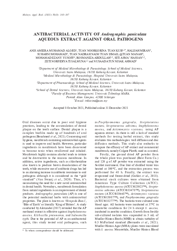 (PDF) ANTIBACTERIAL ACTIVITY OF Andrographis paniculata AQUEOUS EXTRACT AGAINST ORAL PATHOGENS