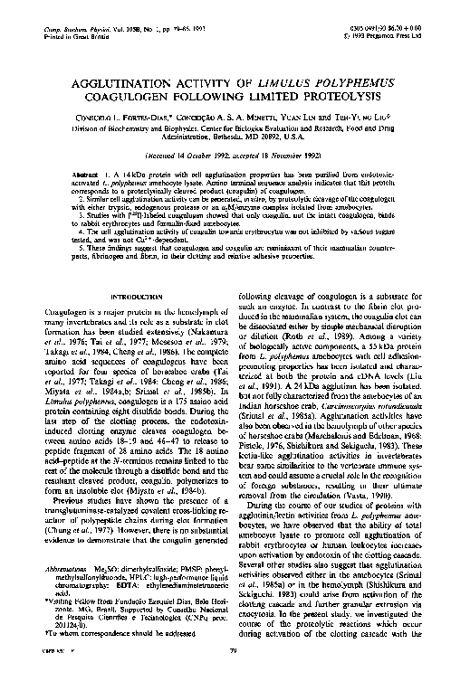 (PDF) Agglutination activity of Limulus polyphemus coagulogen following ...