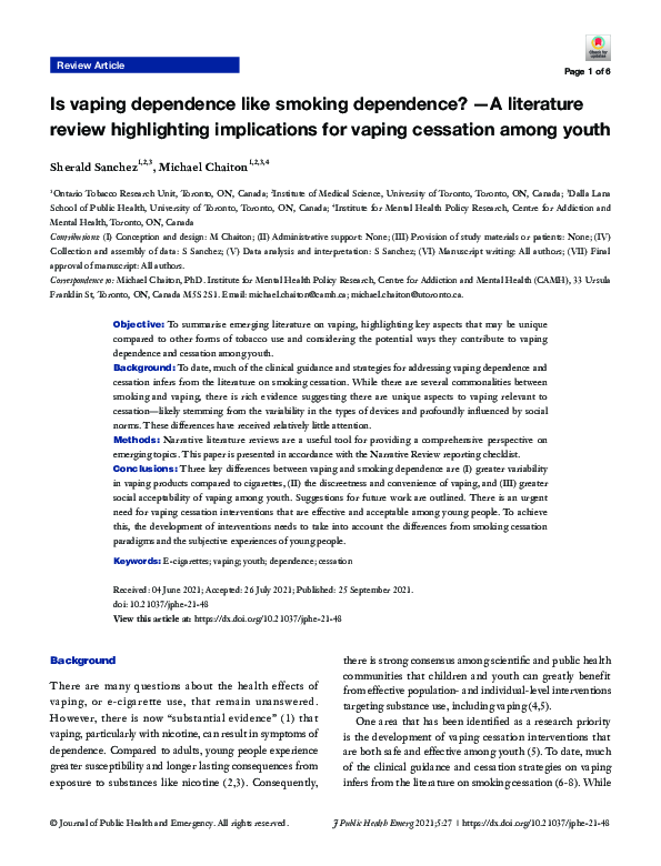 (PDF) Is vaping dependence like smoking dependence? —A literature ...