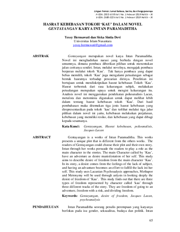 (PDF) Hasrat Kebebasan Tokoh 'Kau' dalam Novel Gentayangan Karya Intan Paramaditha