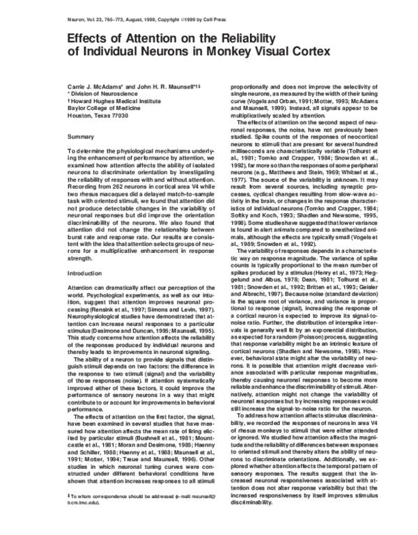 (PDF) Effects of attention on the reliability of individual neurons in monkey visual cortex