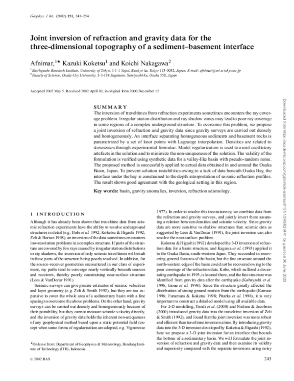 (PDF) Joint inversion of refraction and gravity data for the three-dimensional topography of a ...