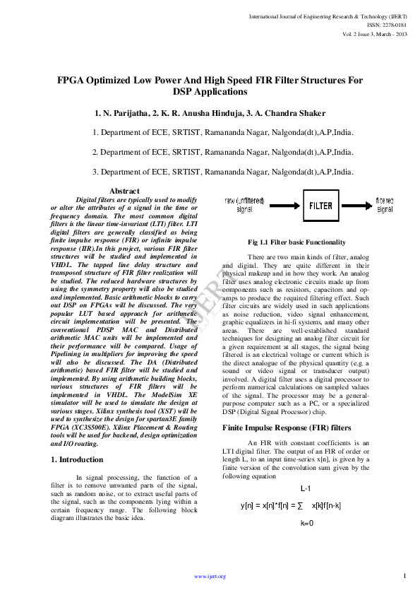 Fpga Optimized Low Power And High Speed Fir Filter Structures For Dsp Applications