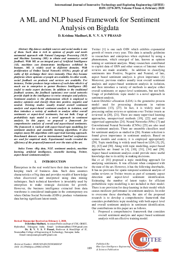 (PDF) A ML and NLP based Framework for Sentiment Analysis on Bigdata