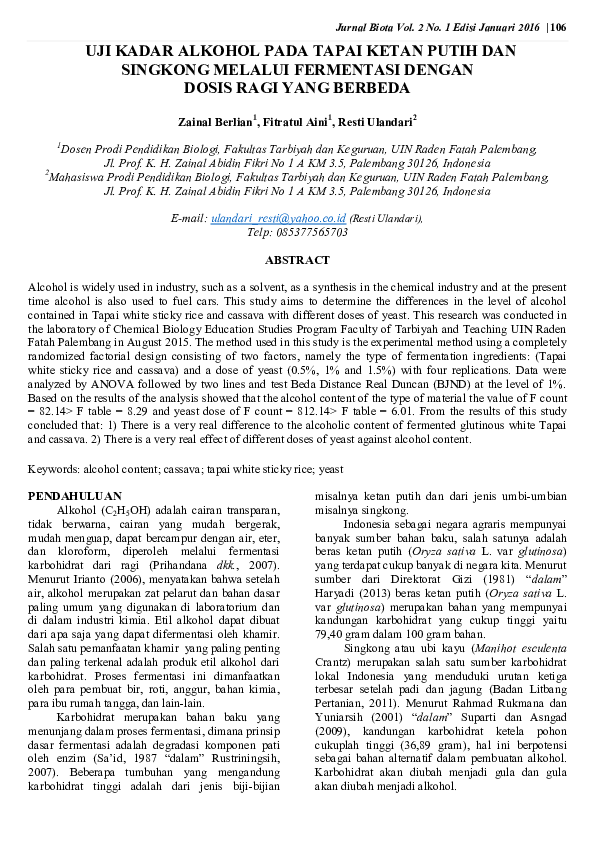 (PDF) Uji Kadar Alkohol Pada Tapai Ketan Putih Dan Singkong Melalui Fermentasi Dengan Dosis Ragi ...
