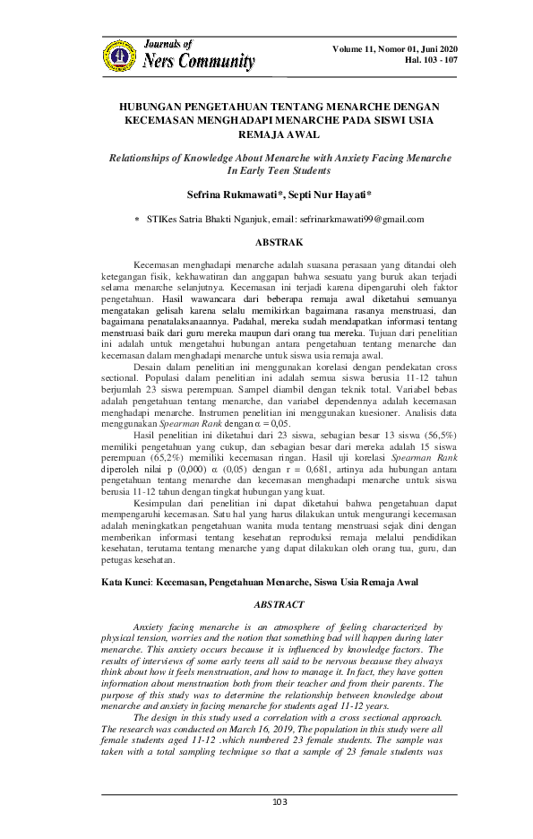 (PDF) HUBUNGAN PENGETAHUAN TENTANG MENARCHE DENGAN KECEMASAN MENGHADAPI MENARCHE PADA SISWI USIA ...
