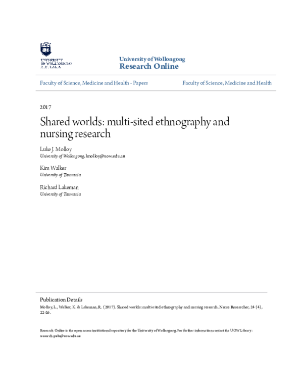 (PDF) Shared worlds: multi-sited ethnography and nursing research