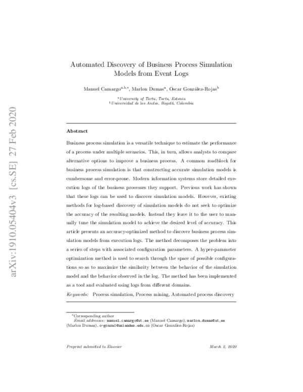 (PDF) Automated Discovery of Business Process Simulation Models from Event Logs