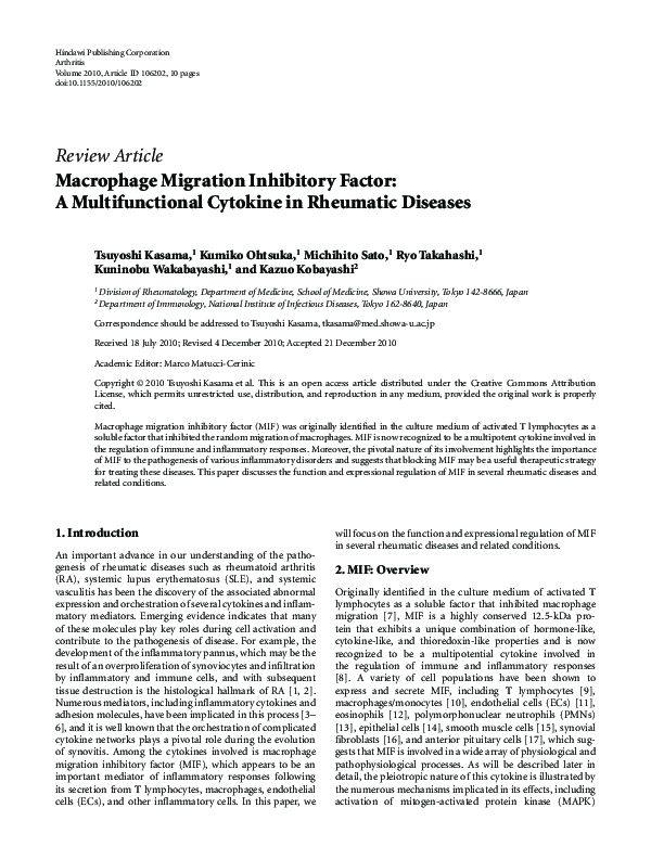 (PDF) Macrophage migration inhibitory factor: a multifunctional cytokine in rheumatic diseases