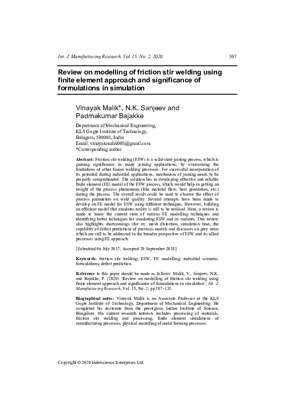 Pdf Review On Modelling Of Friction Stir Welding Using Finite Element