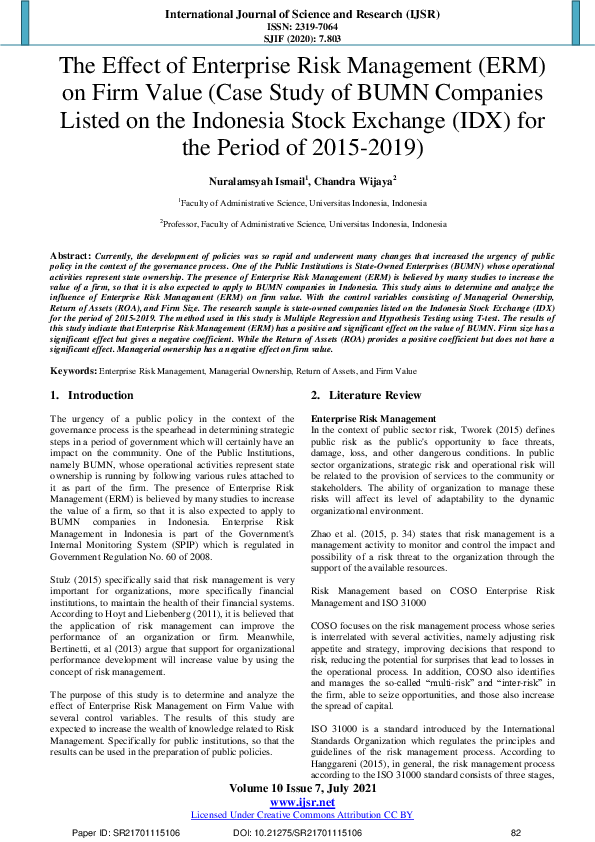 (PDF) The Effect of Enterprise Risk Management (ERM) on Firm Value ...