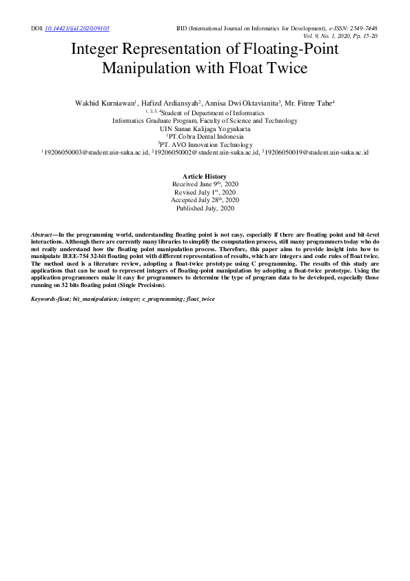 Pdf Integer Representation Of Floating Point Manipulation With Float Twice Wakhid Kurniawan
