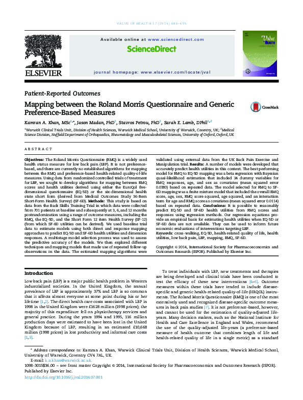 (PDF) Mapping between the Roland Morris Questionnaire and generic ...