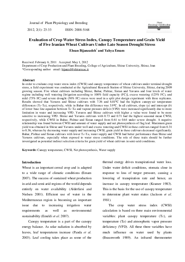 (PDF) Evaluation of Crop Water Stress Index, Canopy Temperature and ...
