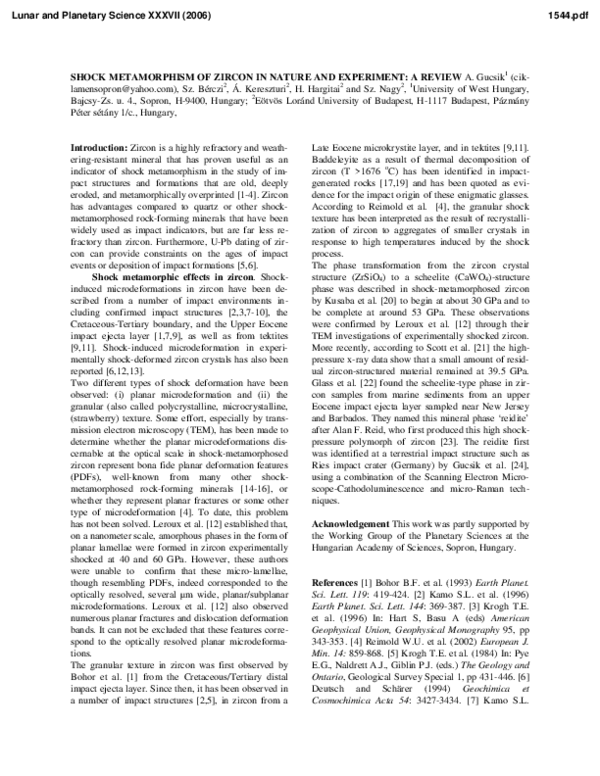 (PDF) Shock Metamorphism of Zircon in Nature and Experiment: A Review