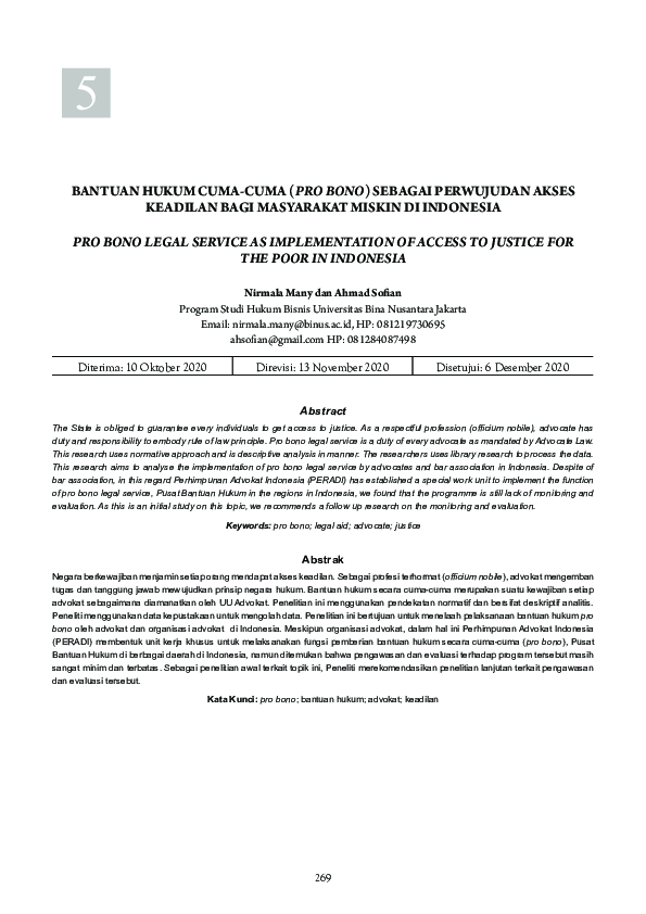 (PDF) BANTUAN HUKUM CUMA-CUMA (PRO BONO) SEBAGAI PERWUJUDAN AKSES KEADILAN BAGI MASYARAKAT ...