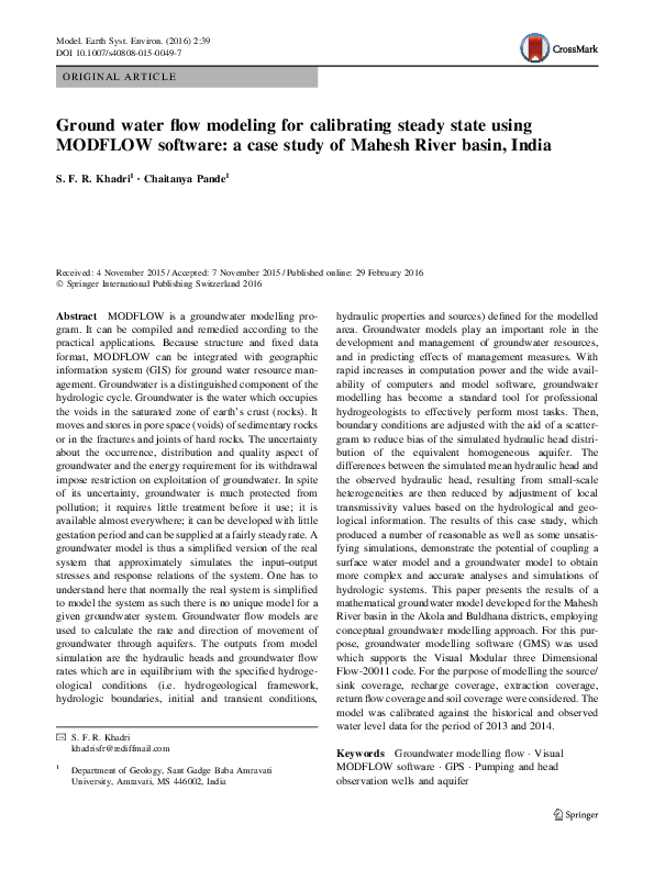 (PDF) Ground water flow modeling for calibrating steady state using MODFLOW software: a case ...