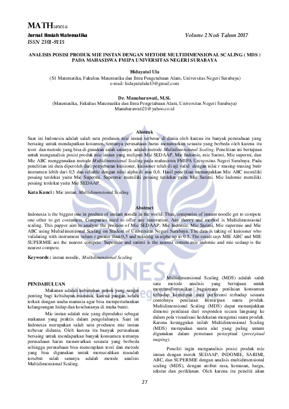 (PDF) Analisis Posisi Produk Mie Instan Dengan Metode Multidimensional Scaling ( MDS ) Pada ...