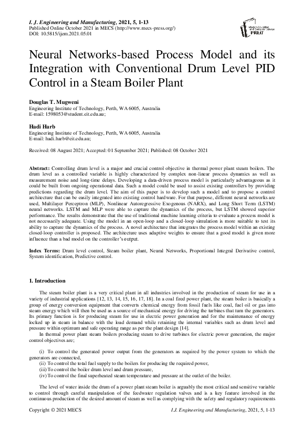 (PDF) Neural Networks-based Process Model and its Integration with Conventional Drum Level PID ...