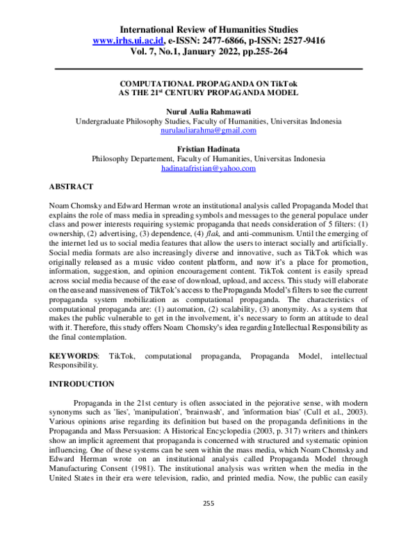 (PDF) COMPUTATIONAL PROPAGANDA ON TikTok AS THE 21st CENTURY PROPAGANDA ...