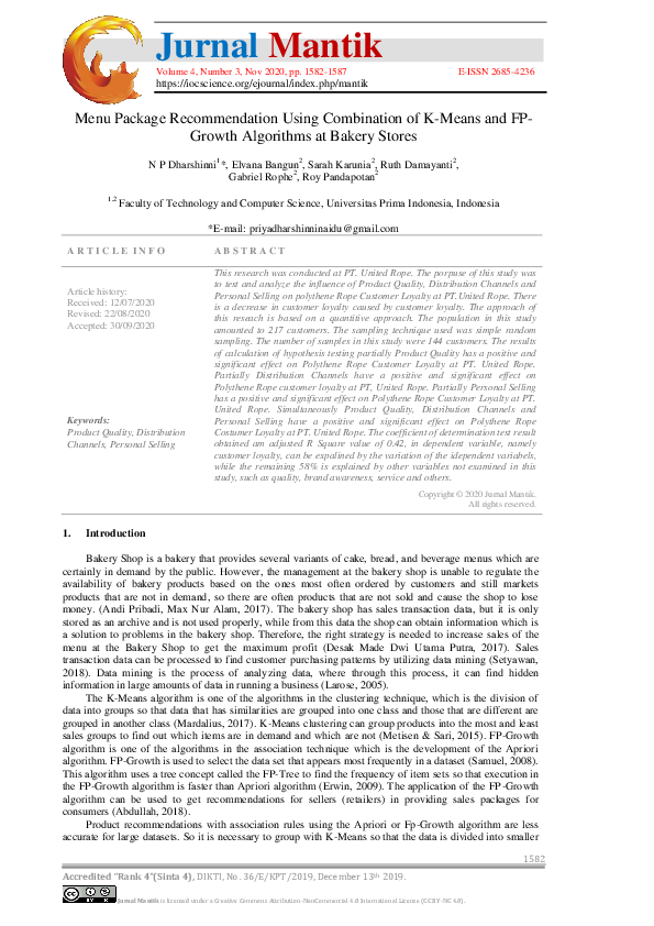 (PDF) Menu Package Recommendation using Combination of K-Means and FP-Growth Algorithms at ...