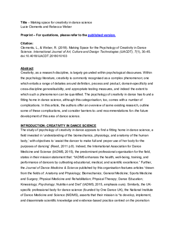(PDF) Making space for creativity in dance science