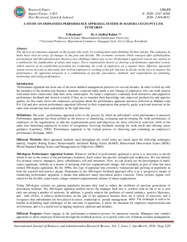 (PDF) A Study on Employees Performance Appraisal System in Madura Coats PVT Ltd. Tuticorin