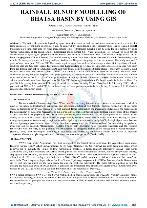 (PDF) Rainfall Runoff Modelling of Bhatsa Basin by Using Gis