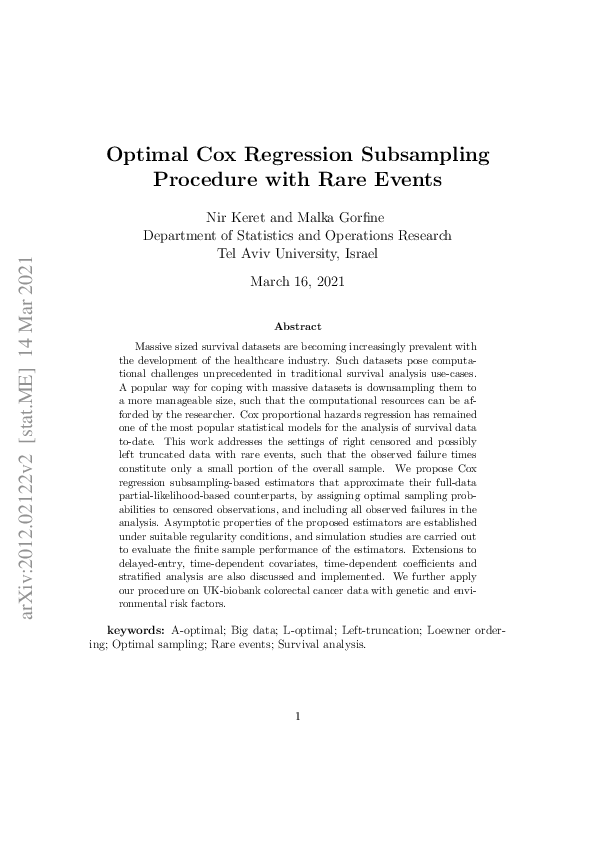 (PDF) Optimal Cox Regression Subsampling Procedure with Rare Events | Malka Gorfine - Academia.edu