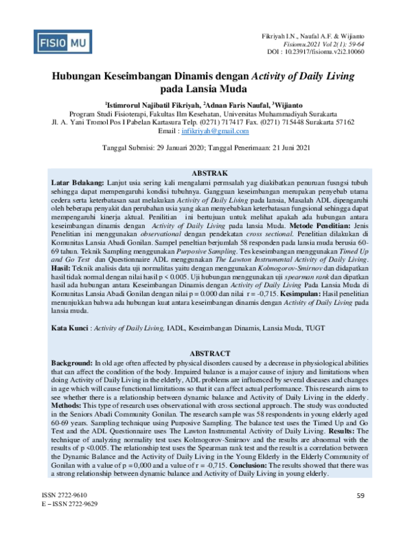 (PDF) Hubungan Keseimbangan Dinamis dengan Activity of Daily Living pada Lansia Muda